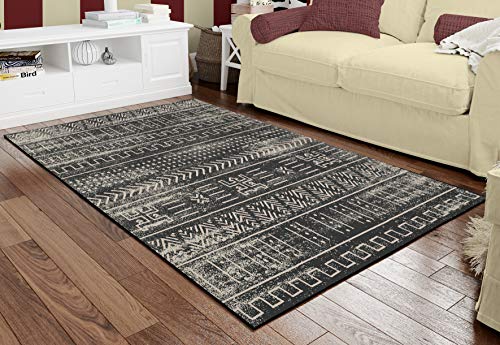 Deerlux Boho Living Room Area Rug with Nonslip Backing, Black Tribal Pattern, 3 x 5 Ft Extra Small