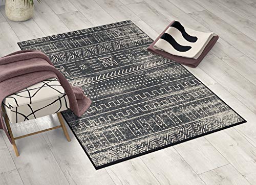 Deerlux Boho Living Room Area Rug with Nonslip Backing, Black Tribal Pattern, 3 x 5 Ft Extra Small