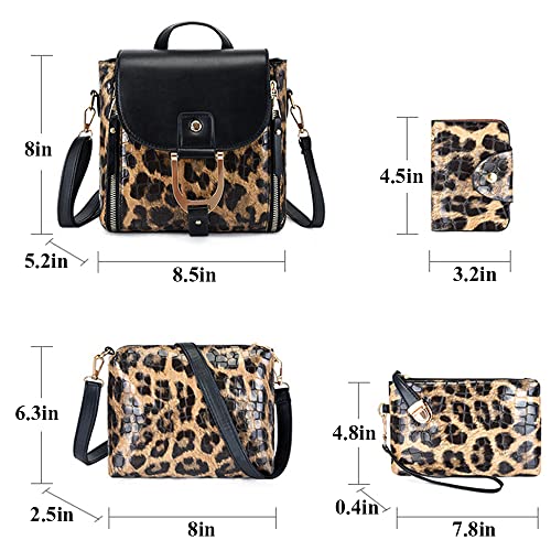 ZiMing 4Pcs Small Backpacks and Purses for Women Handbags Set Leopard Print PU Leather Satchel Shoulder Crossbody Bag Wallet Clutch-Gray