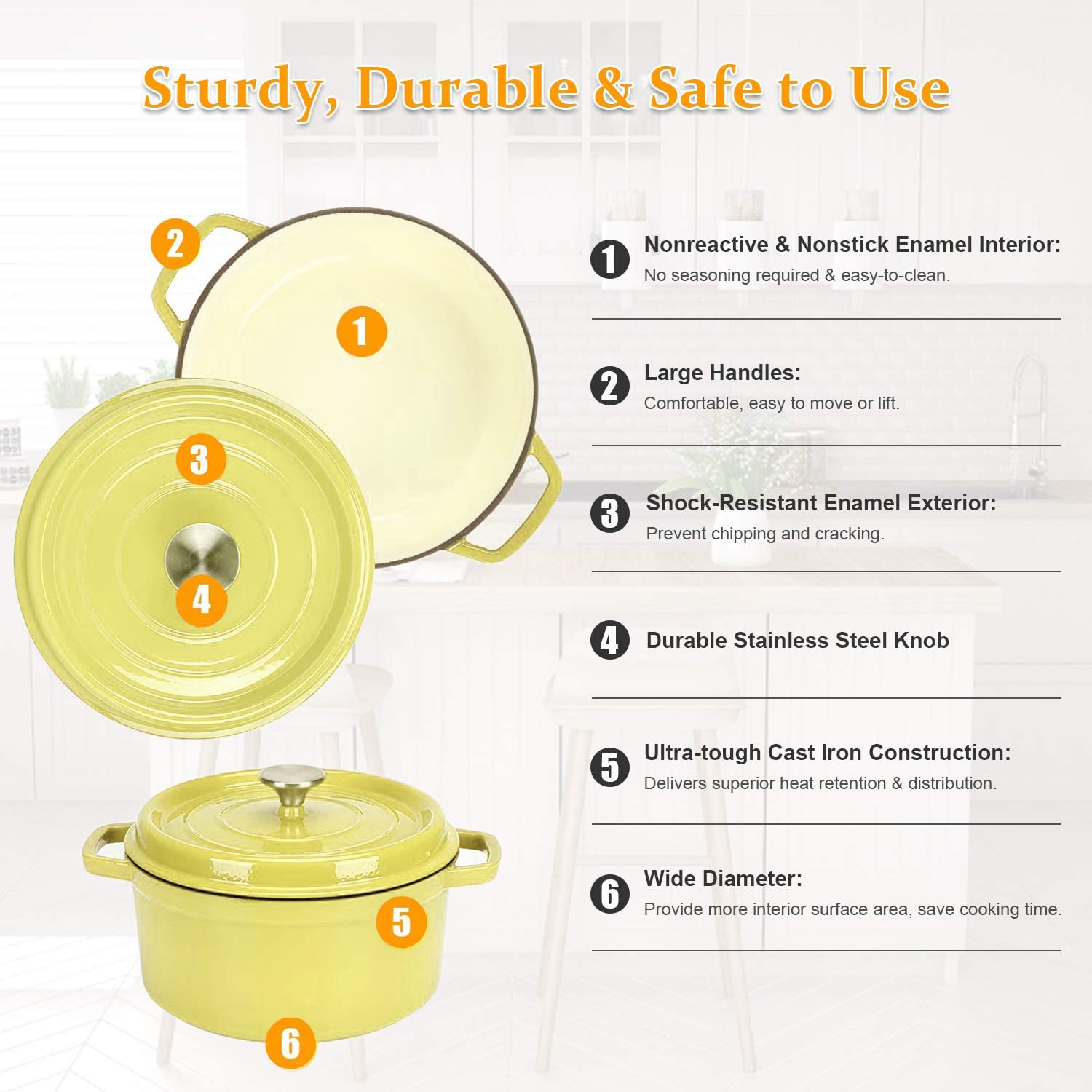 Dutch Oven Yellow,Enameled Cast Iron Dutch Oven with Lid, 4 Quart Round Nonstick Enamel Cookware Crock Pot,Dutch Oven with Dual Handle and Cover Casserole Dish 8.66 Inch