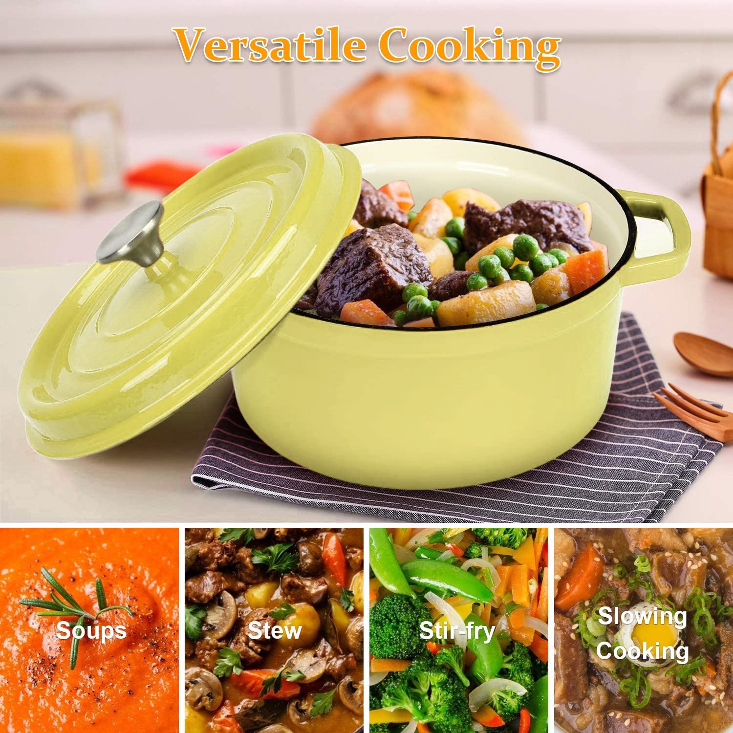 Dutch Oven Yellow,Enameled Cast Iron Dutch Oven with Lid, 4 Quart Round Nonstick Enamel Cookware Crock Pot,Dutch Oven with Dual Handle and Cover Casserole Dish 8.66 Inch