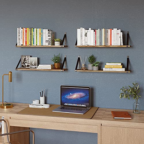 Wallniture Bora Floating Shelves, 24βx6β, Set of 4, Small Bookshelf Unit for Living Room, Office, Bedroom, Natural Burned Rustic Wood Wall Decor with Metal Shelf Bracket