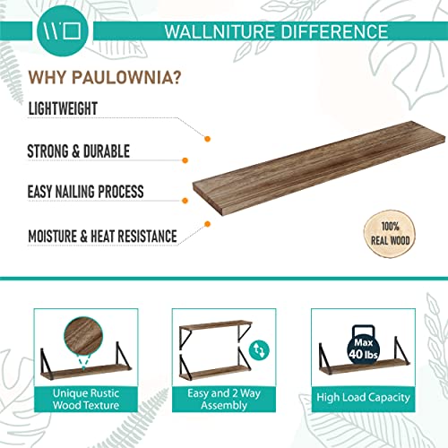 Wallniture Bora Floating Shelves, 24βx6β, Set of 4, Small Bookshelf Unit for Living Room, Office, Bedroom, Natural Burned Rustic Wood Wall Decor with Metal Shelf Bracket