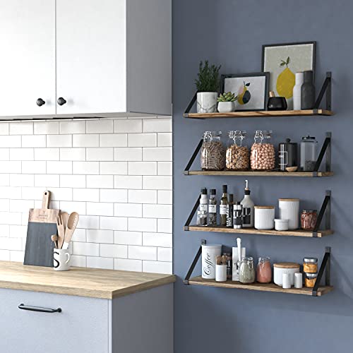 Wallniture Bora Floating Shelves, 24βx6β, Set of 4, Small Bookshelf Unit for Living Room, Office, Bedroom, Natural Burned Rustic Wood Wall Decor with Metal Shelf Bracket