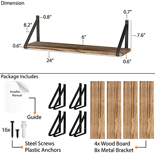 Wallniture Bora Floating Shelves, 24βx6β, Set of 4, Small Bookshelf Unit for Living Room, Office, Bedroom, Natural Burned Rustic Wood Wall Decor with Metal Shelf Bracket