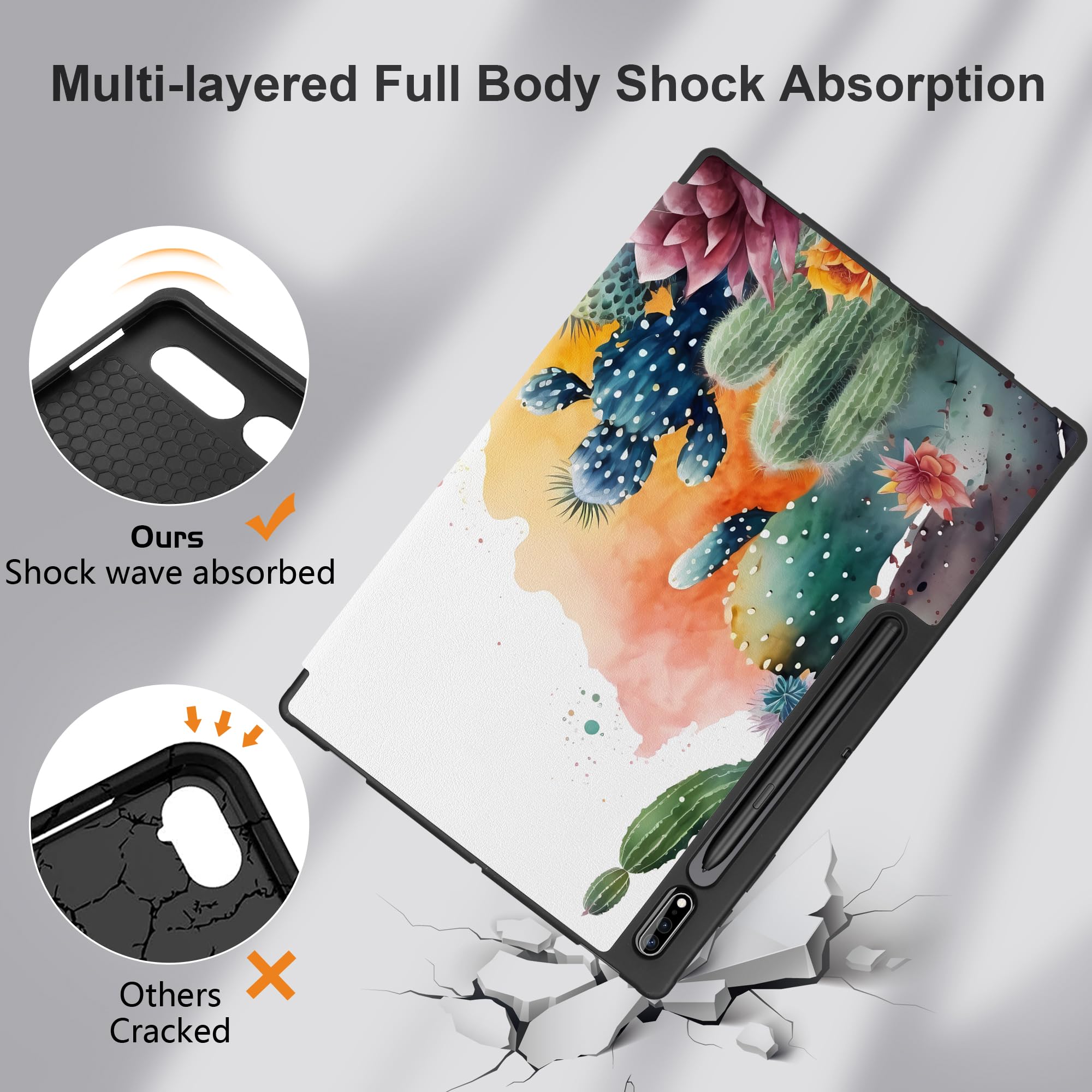 MEEgoodo Case for Samsung Galaxy Tab S10 Ultra (2024 Release)/S9 Ultra (2023 Release) 14.6 inch Cover with S Pen Holder, Tablet Cases with Trifold Stand+TPU Back Shell+Auto Wake/Sleep,Tropical Cactus