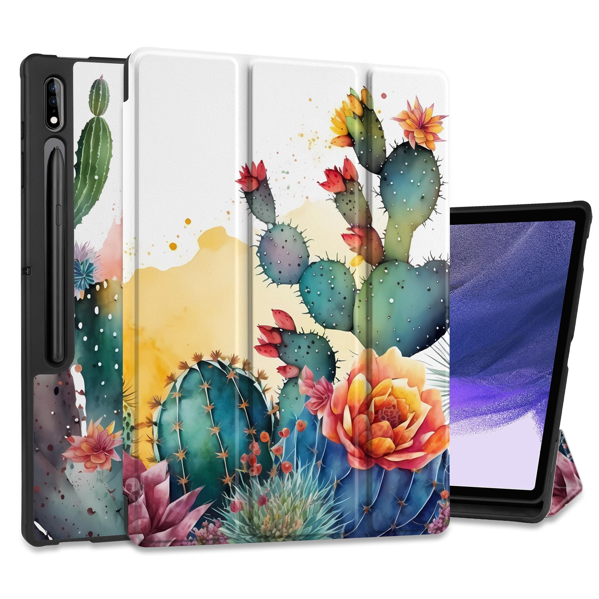 MEEgoodo Case for Samsung Galaxy Tab S10 Ultra (2024 Release)/S9 Ultra (2023 Release) 14.6 inch Cover with S Pen Holder, Tablet Cases with Trifold Stand+TPU Back Shell+Auto Wake/Sleep,Tropical Cactus