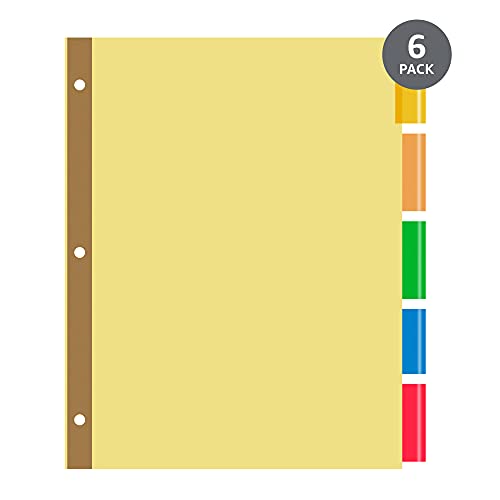Amazon Basics 3 Ring Paper Binder Dividers With 5 Insertable Multicolor Plastic Tabs, Pack of 6 Sets (30 Count), Wood