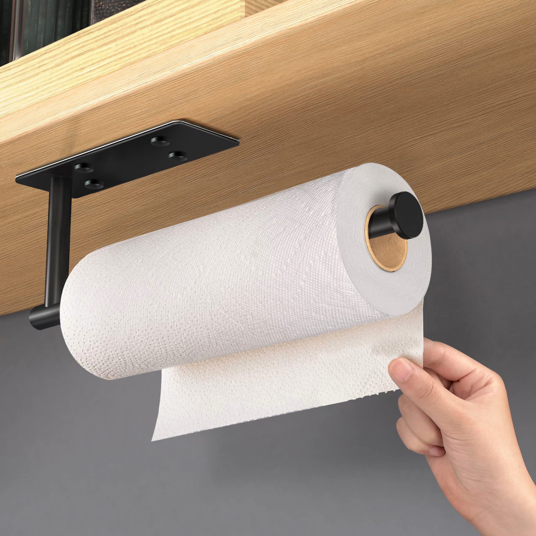 VAEHOLD Self Adhesive Paper Towel Holder Under Cabinet Mount, Wall Mounted Paper Towel Roll Holder for Kitchen, Bathroom, Wall - SUS304 Stainless Steel (Matte Black)