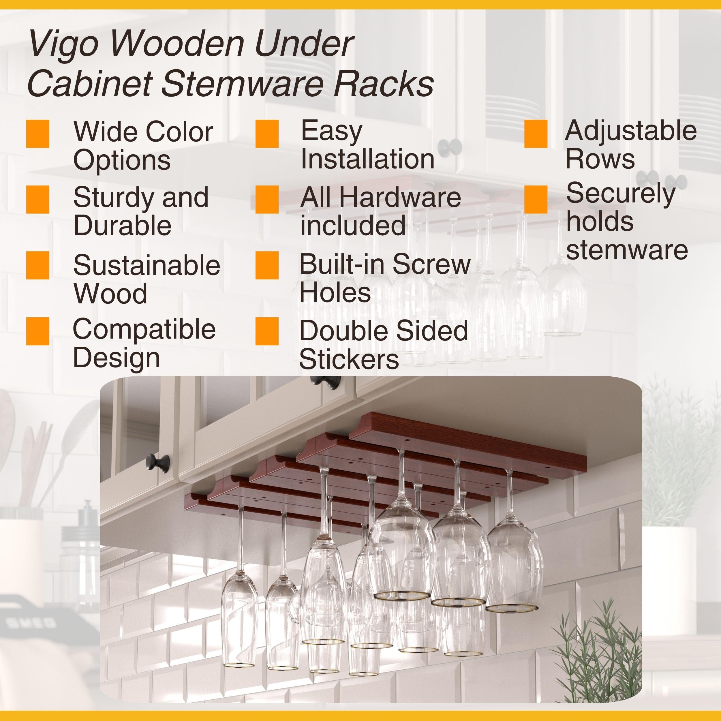 Rustic State 4 Sectional Adjustable Wood Under Cabinet Wine Glass Holder Wine Glass Rack Hanging Shelf Stemware Glassware Bar Organizer - 12 Wine Glass Storage - 11 Inch Deep - Mahogany