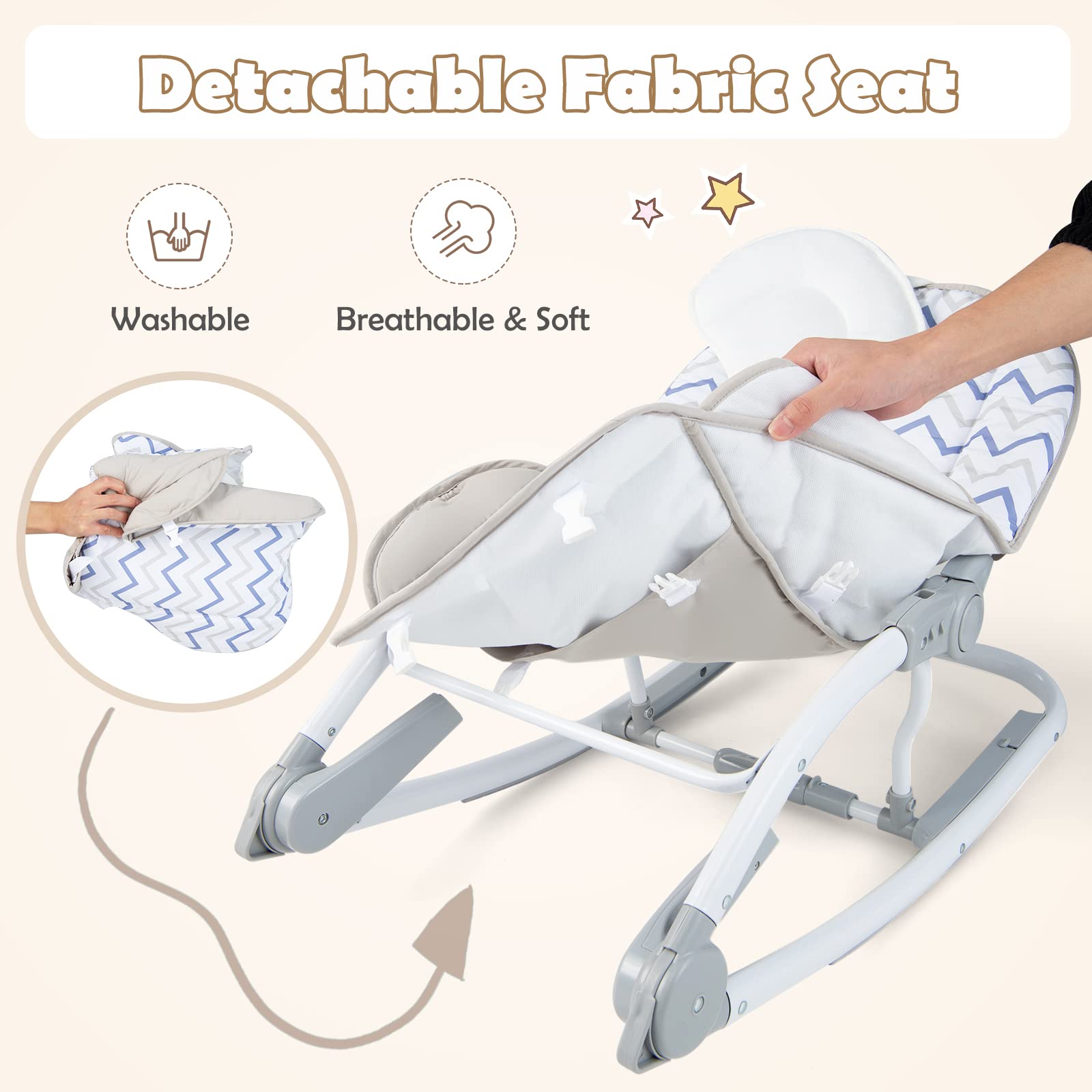 BABY JOY Baby Bouncers for Infants, 2 in 1 Foldable Toddler Bouncy Seat w/ Rocker & Stationary Modes, 3-Position Adjustable Backrest, Removable Bar, Portable Bouncer for Babies 0-6 Months (Gray)