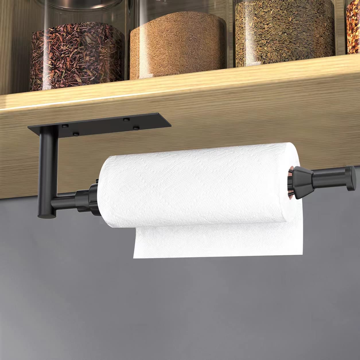 VAEHOLD Self Adhesive Paper Towel Holder Under Cabinet Mount, Wall Mounted Paper Towel Roll Holder for Kitchen, Bathroom, Wall - SUS304 Stainless Steel (Matte Black)