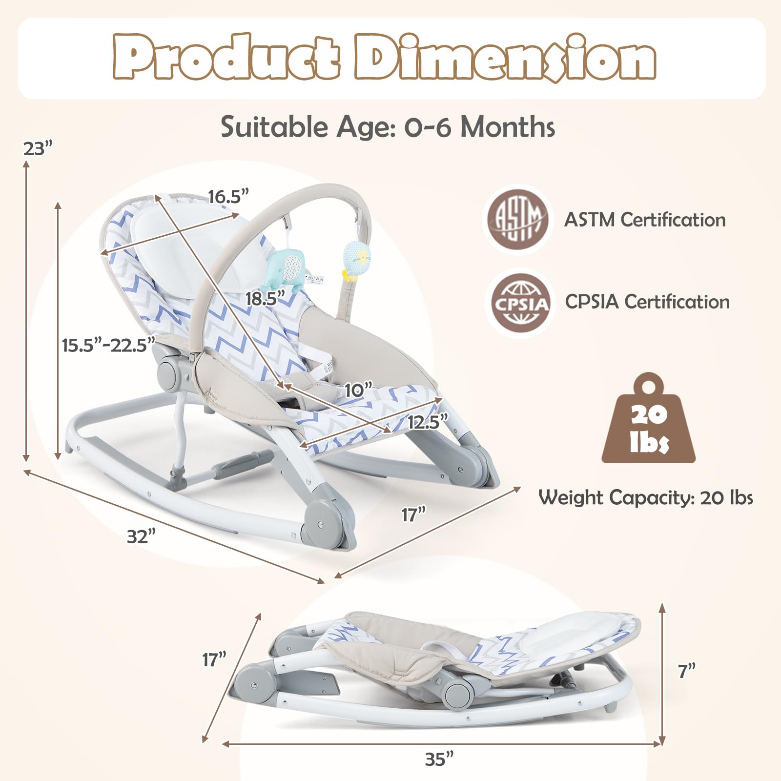 BABY JOY Baby Bouncers for Infants, 2 in 1 Foldable Toddler Bouncy Seat w/ Rocker & Stationary Modes, 3-Position Adjustable Backrest, Removable Bar, Portable Bouncer for Babies 0-6 Months (Gray)