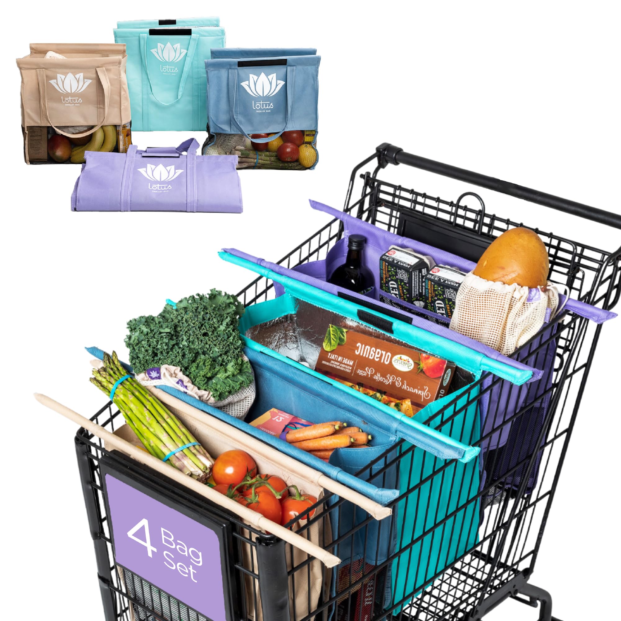 Lotus Trolley Bags -set of 4 -w/LRG COOLER Bag & Egg/Wine holder! Reusable Grocery Cart Bags sized for USA. Eco-friendly 4-Bag Grocery Tote. (Purple, Turquoise, Blue, Brown,)