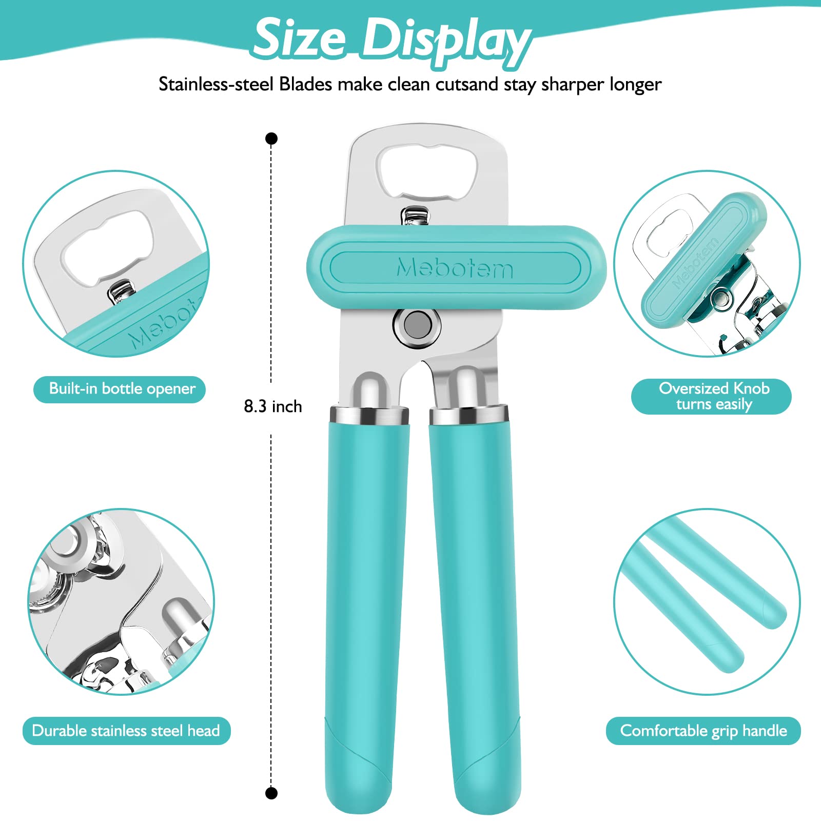 Mebotem 10 Colors Can Opener Manual Handheld Heavy Duty Hand Can Opener Smooth Edge Stainless Steel Can Openers Top Lid Kitchen Gadgets, Best Large Rated Easy Turn Knob, with Bottle Opener, Black