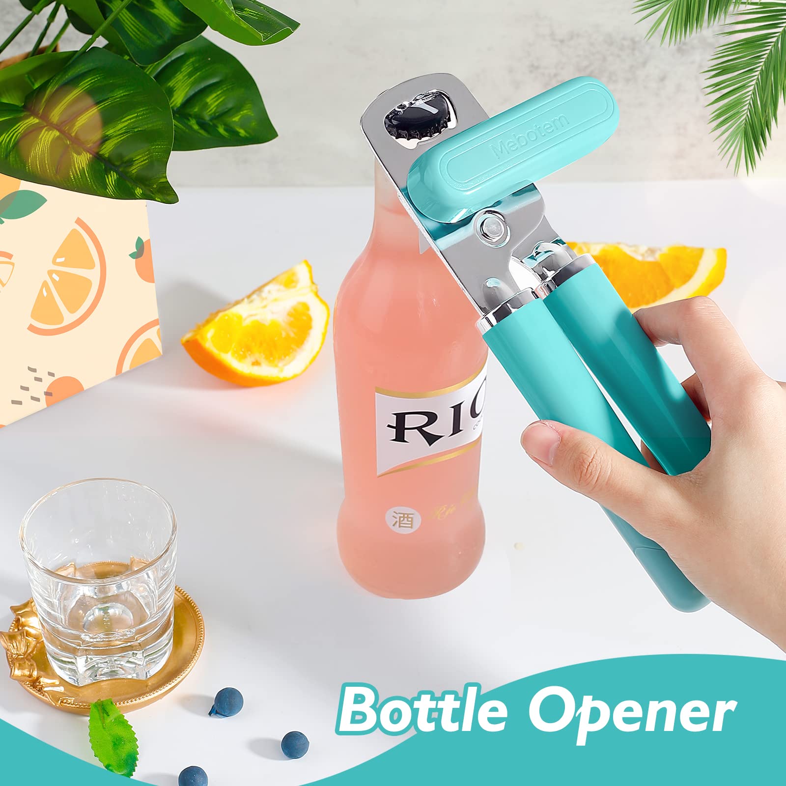 Mebotem 10 Colors Can Opener Manual Handheld Heavy Duty Hand Can Opener Smooth Edge Stainless Steel Can Openers Top Lid Kitchen Gadgets, Best Large Rated Easy Turn Knob, with Bottle Opener, Black