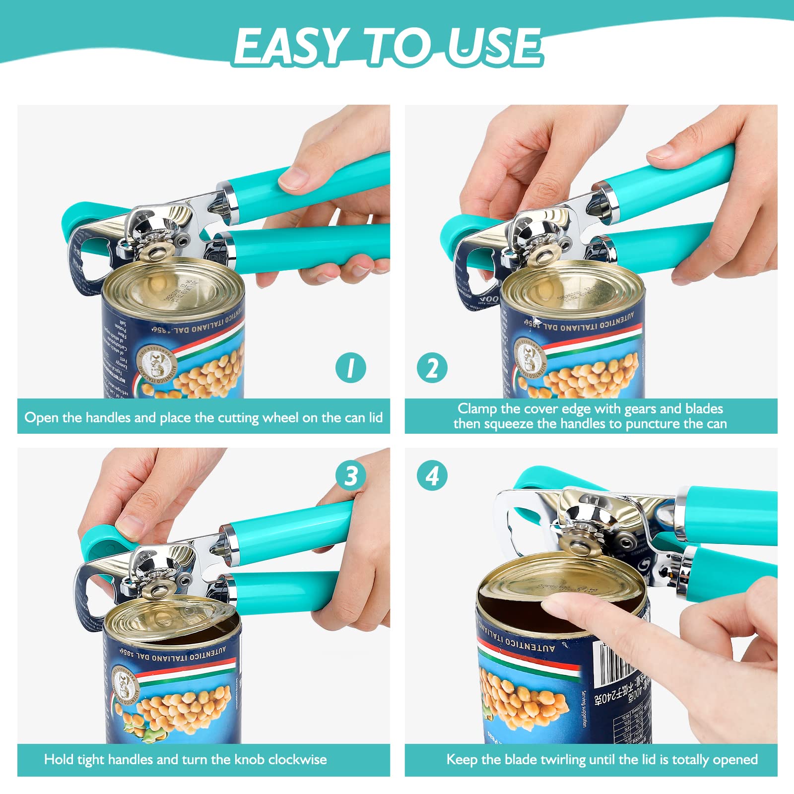 Mebotem 10 Colors Can Opener Manual Handheld Heavy Duty Hand Can Opener Smooth Edge Stainless Steel Can Openers Top Lid Kitchen Gadgets, Best Large Rated Easy Turn Knob, with Bottle Opener, Black
