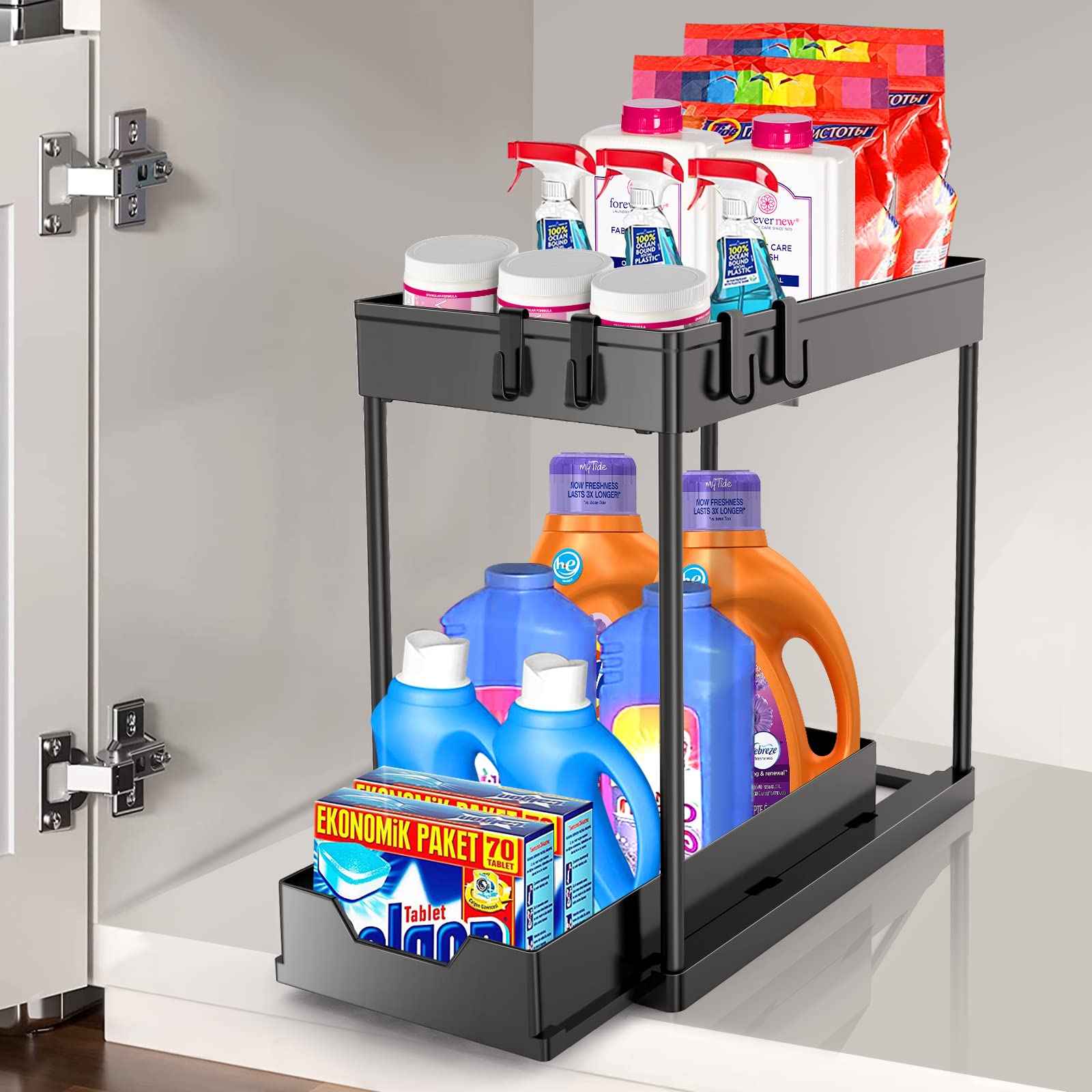 FGSAEOR 2-Tier Under Sink Organizer with Sliding Storage Drawer, Multi-Purpose Bathroom Cabinet Organizer Baskets, Kitchen Under Sink Storage Rack with 4 Hooks and Handle (Sliding-Black)