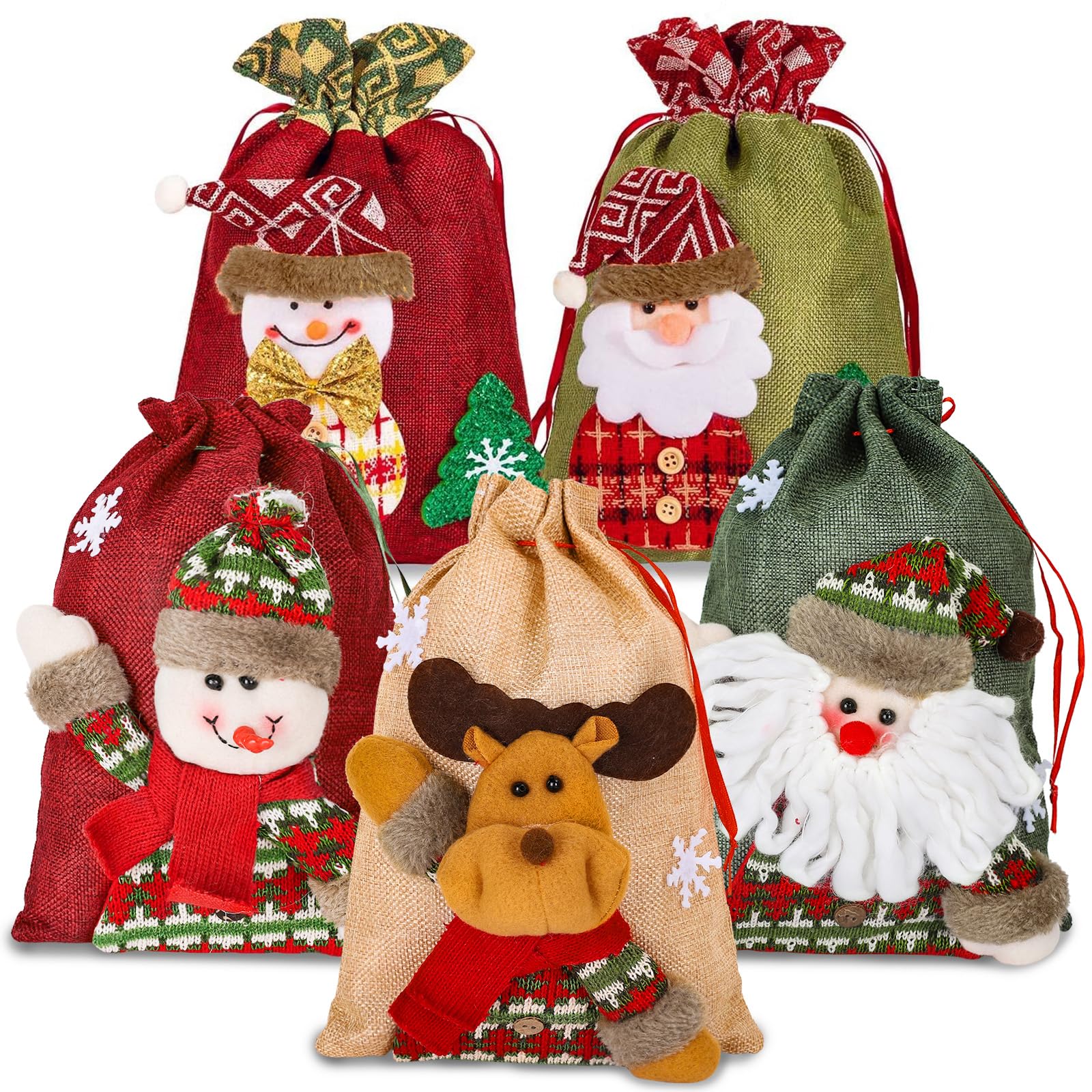 Whaline Drawstring Christmas Bags, 3D Xmas Gift Bags, Christmas Wrapping Bags, Xmas Goodie Bags, Red Treat Pouch Bags, Sack Stockings, Party Favor Bags, 8 x 11in, 8 x 12in (5 Pack)
