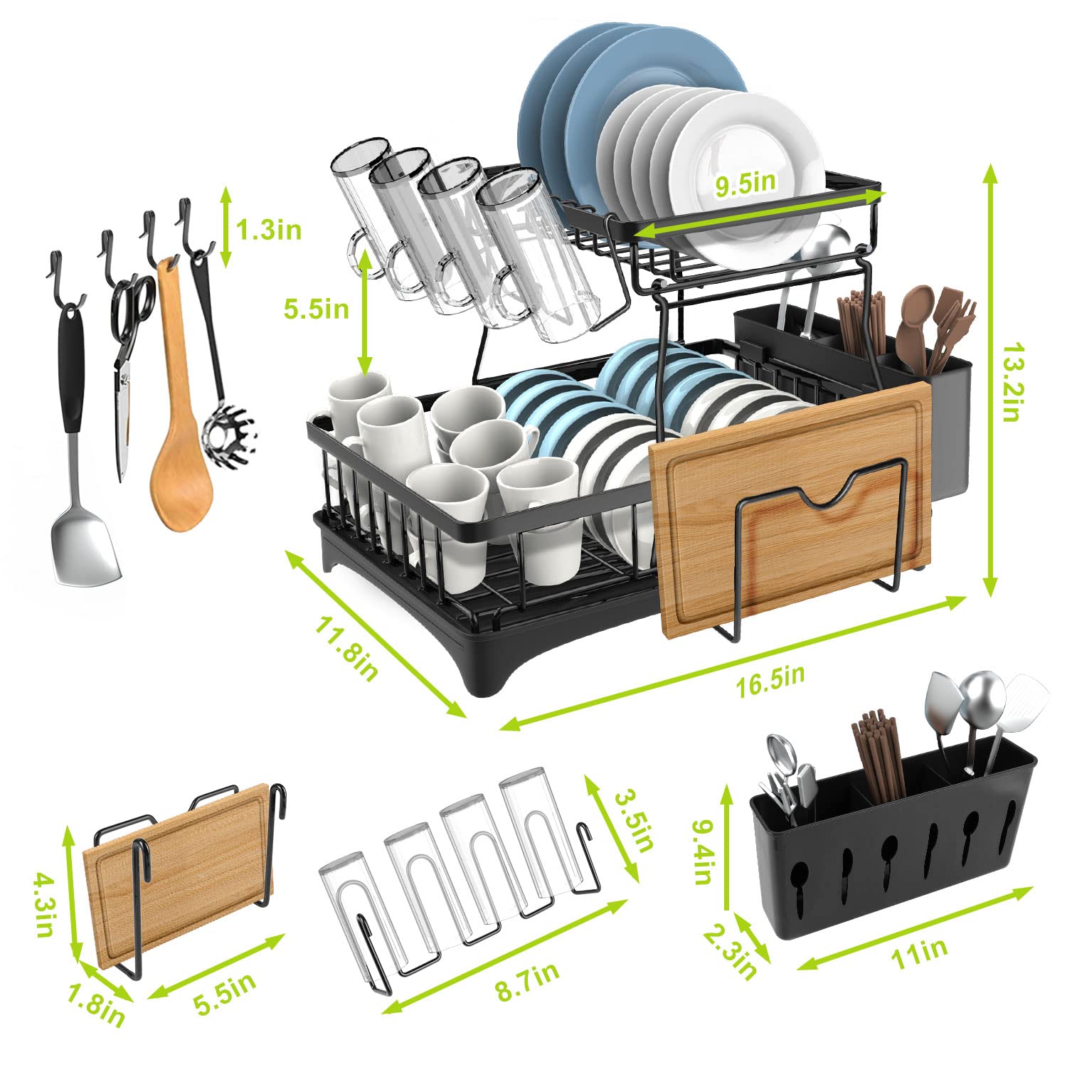vikiciy Dish Rack Dish Drying Rack Dish Racks for Kitchen Counter, Drying Rack for Kitchen Counter 2 Tier Dish Rack with Auto-draining Tray for Kitchen with Utensil Holder, Cutting Board Holder