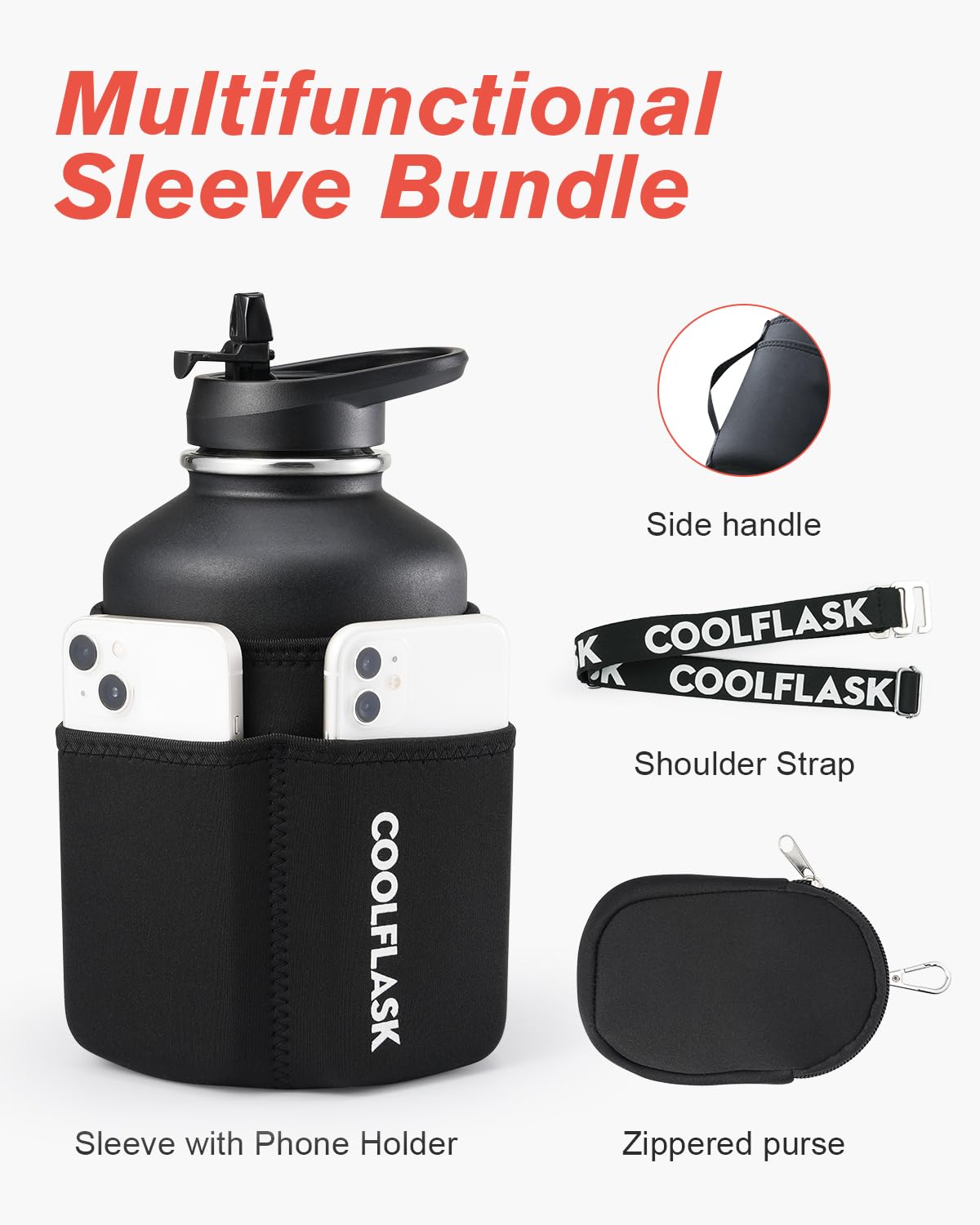 Coolflask 64 oz Insulated Water Bottle with Strap & Sleeve, Half Gallon Water Jug 3 Lids Stainless Steel Multifunctional Flask BPA-Free, Keep 48H Cold 24H Hot, Compact Yoga/Gym Bottle, Black