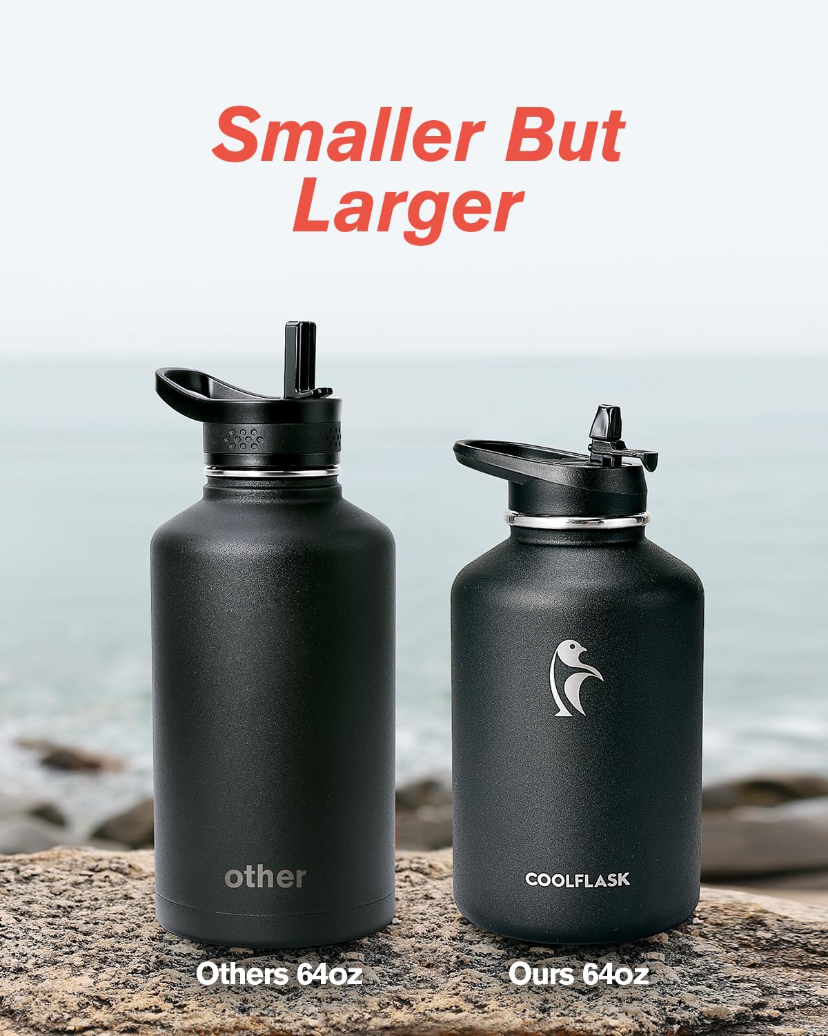 Coolflask 64 oz Insulated Water Bottle with Strap & Sleeve, Half Gallon Water Jug 3 Lids Stainless Steel Multifunctional Flask BPA-Free, Keep 48H Cold 24H Hot, Compact Yoga/Gym Bottle, Black