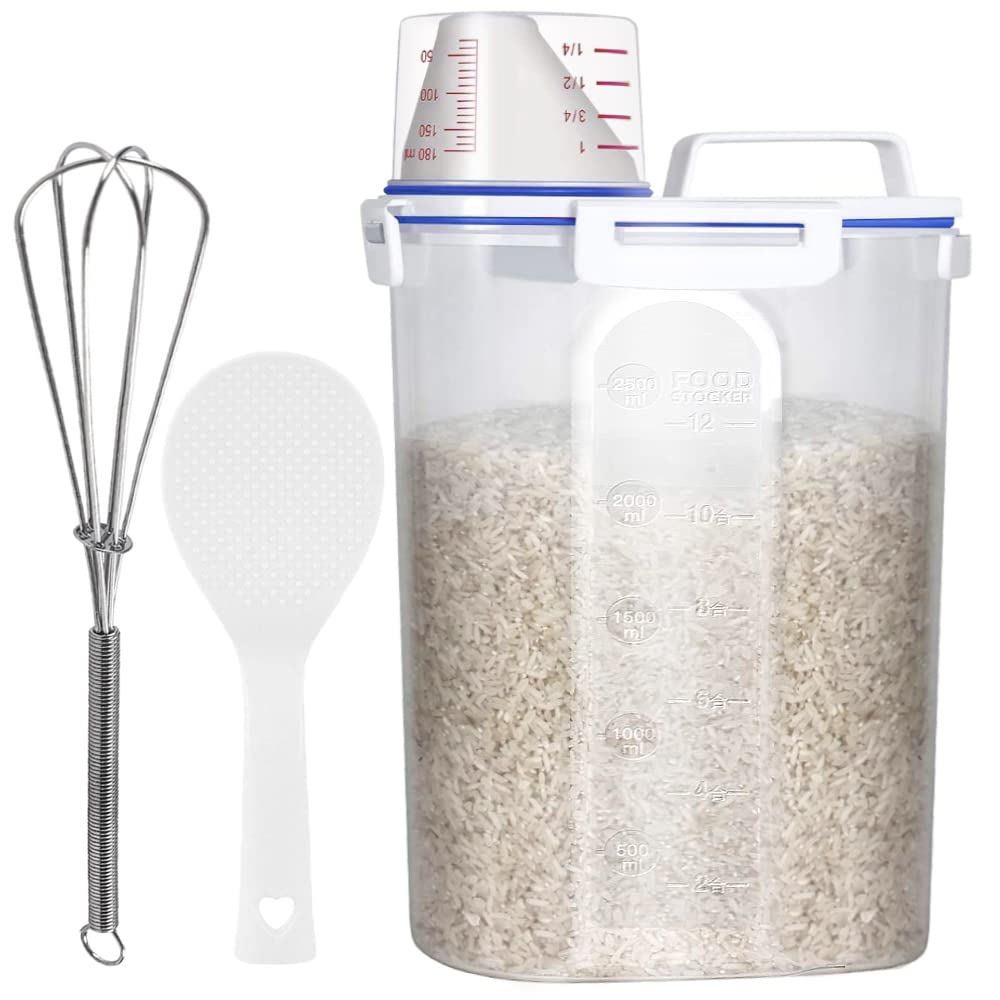 Airtight Rice Containers, BPA Free 3L Bin Dispenser with Pouring Spout, Measuring Cup for Cereal, Flour and Grain, Include a Stainless Steel Whisk and a Rice Spoon
