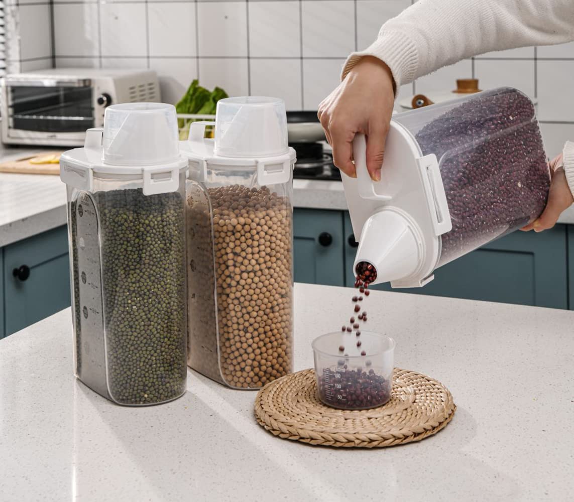 Airtight Rice Containers, BPA Free 3L Bin Dispenser with Pouring Spout, Measuring Cup for Cereal, Flour and Grain, Include a Stainless Steel Whisk and a Rice Spoon