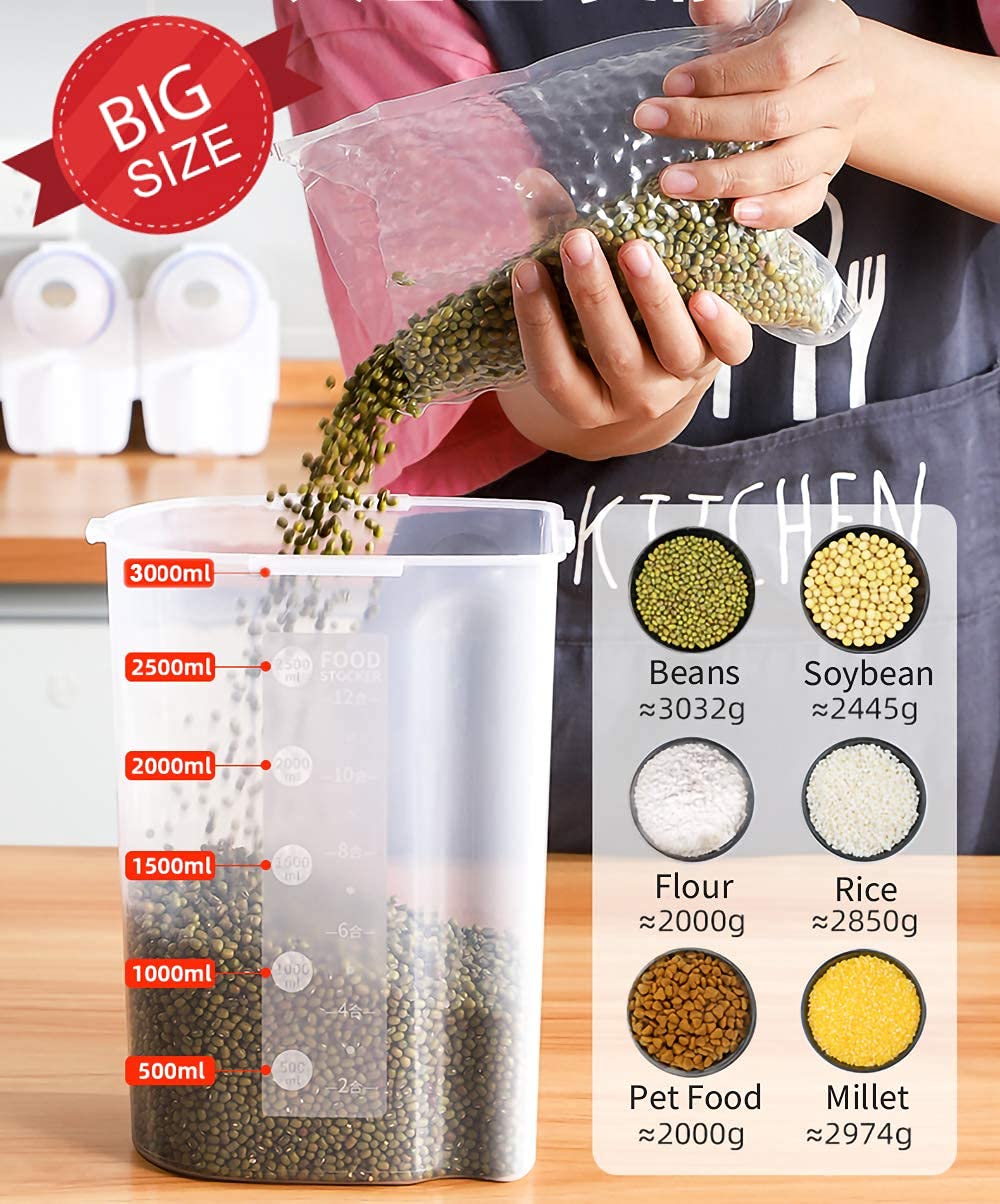 Airtight Rice Containers, BPA Free 3L Bin Dispenser with Pouring Spout, Measuring Cup for Cereal, Flour and Grain, Include a Stainless Steel Whisk and a Rice Spoon