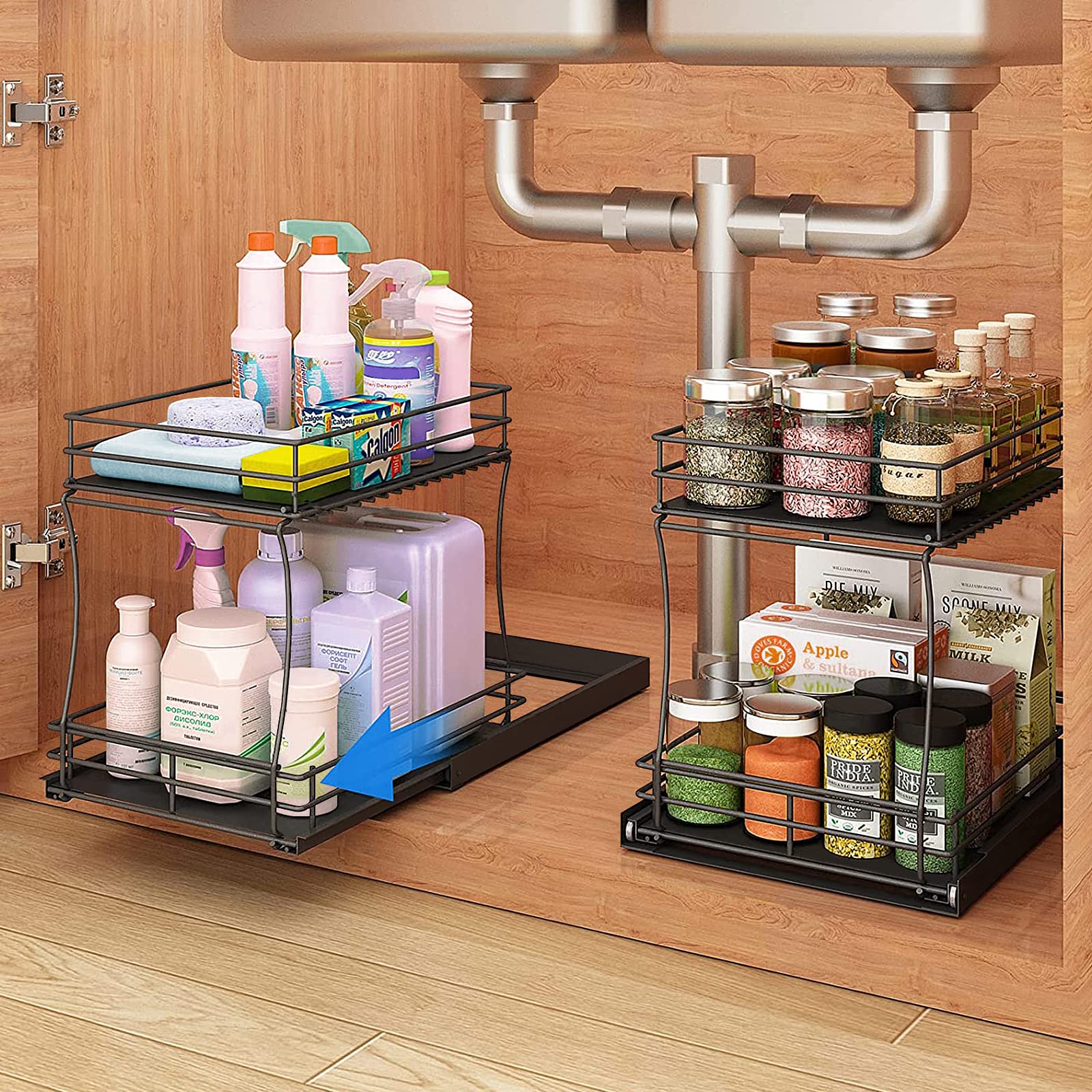 MUUBOOX Under Sink Cabinet Organizer Storage,Pull Out Cabinet Organizer with 2 Tier Pull Out Sliding Shelf with Protective Shelf Liners for Kitchen Bathroom Cabinet 11.6Wx15.8Dx13.3H-Inch (Black)