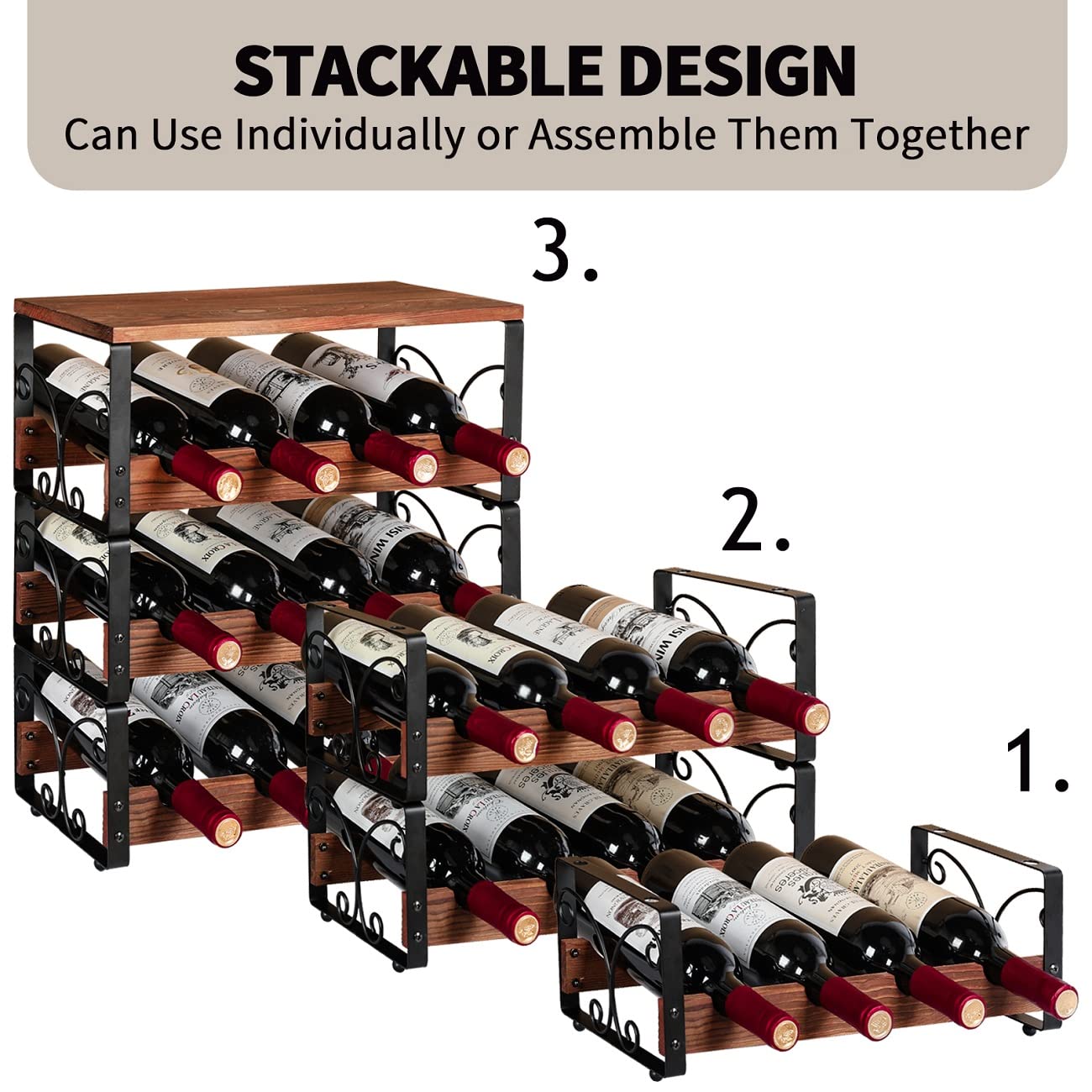 Countertop Wine Rack, 12 Bottle Wine Holder Stand for Table with Top Storage Shelf/Natural Solid Wood and Metal Structure, 3 Tier Stackable Wine Racks for Cabinet Home Kitchen Bar Hotel Restaurant