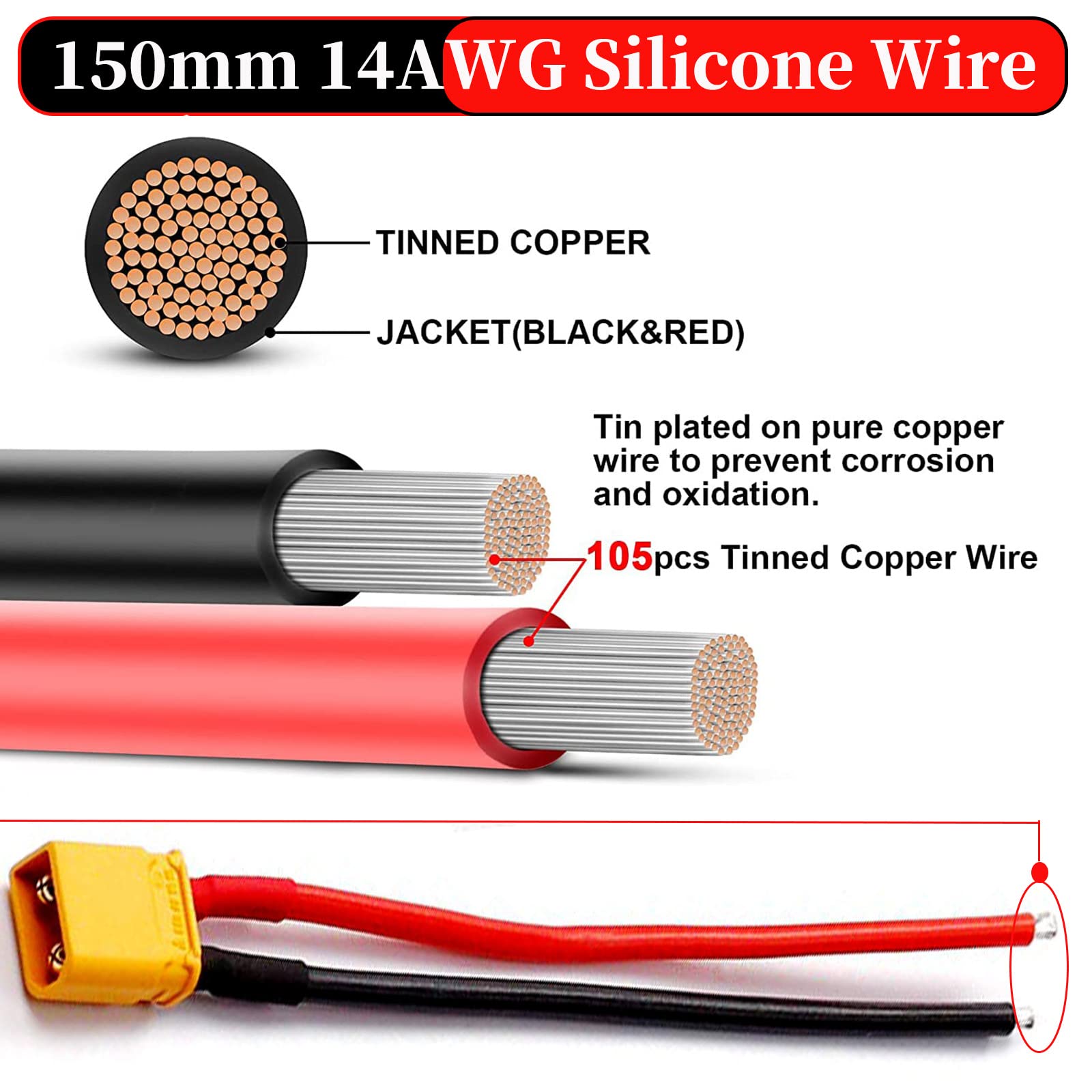 2Pairs XT60 Plug Female and Male Connector, 14AWG Silicone Wire with Rubber Insulation Protective Cap for RC Drone Car Lipo Battery Charger