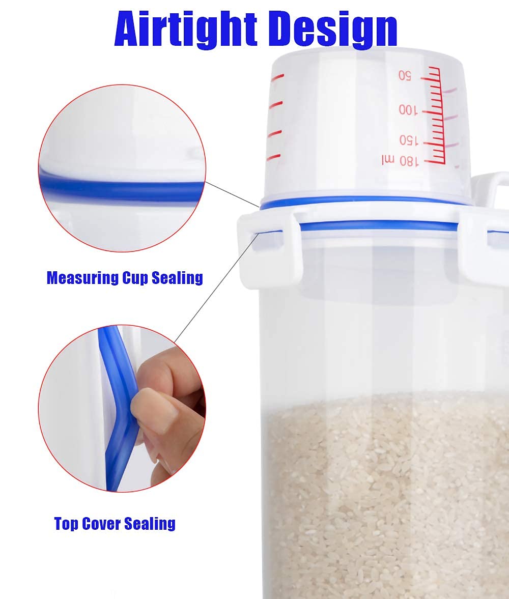 Airtight Rice Containers, BPA Free 3L Bin Dispenser with Pouring Spout, Measuring Cup for Cereal, Flour and Grain, Include a Stainless Steel Whisk and a Rice Spoon