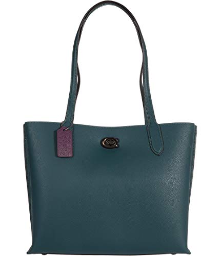 COACH Polished Pebble Leather with Coated Canvas Signature Interior Willow Tote Forest One Size