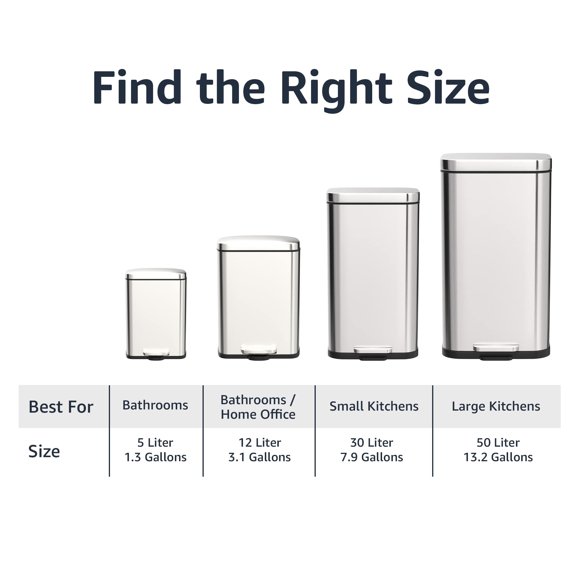 Amazon Basics 50 Liter / 13.2 Gallon Soft-Close, Smudge Resistant Trash Can with Foot Pedal - Brushed Stainless Steel, Satin Nickel Finish