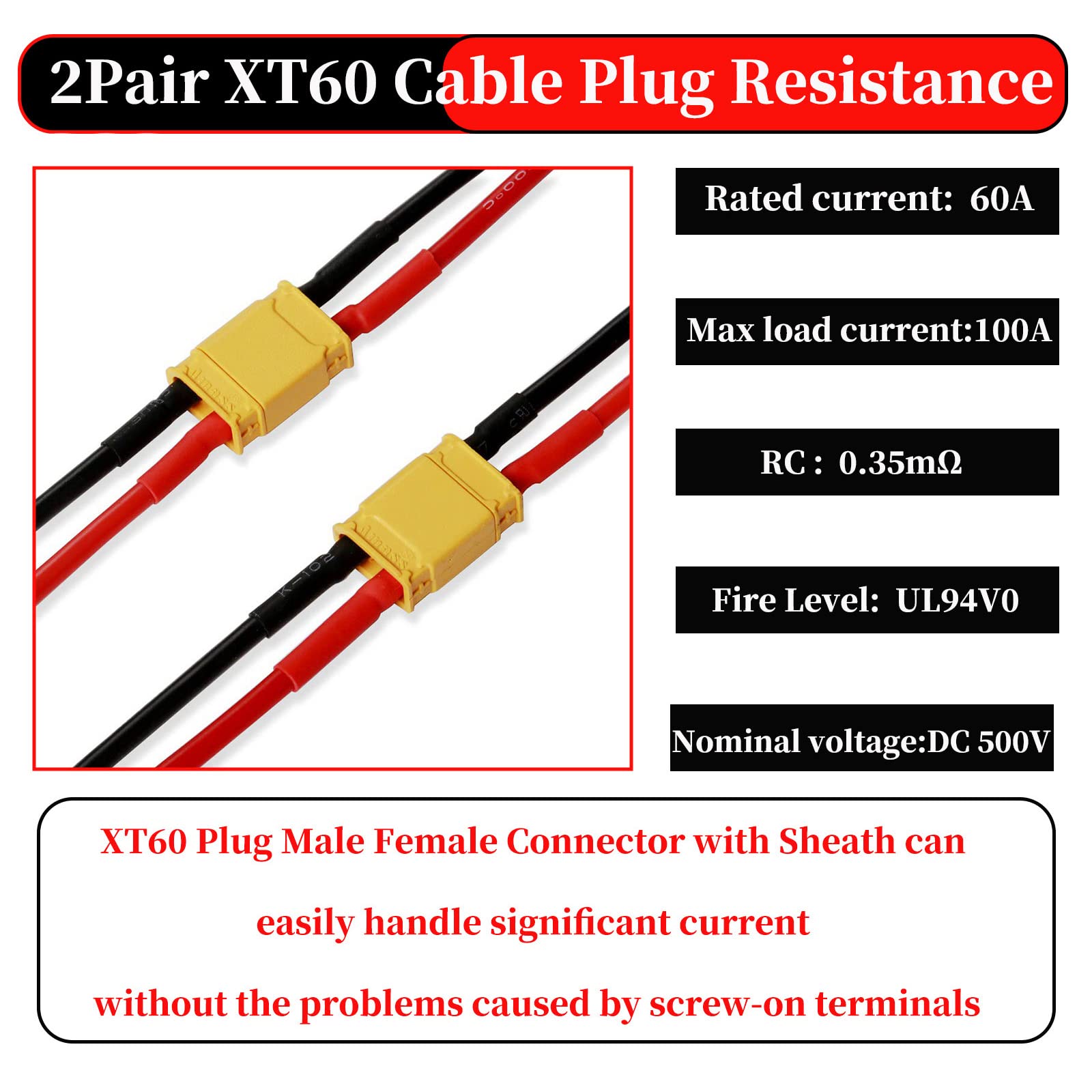 2Pairs XT60 Plug Female and Male Connector, 14AWG Silicone Wire with Rubber Insulation Protective Cap for RC Drone Car Lipo Battery Charger