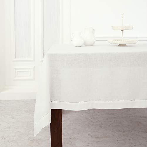Solino Home Linen Tablecloth 60 x 144 Inch – 100% Pure Linen White Rectangle Tablecloth for Spring, Easter, Summer, Wedding, Party, Indoor, Outdoor – Classic Hemstitch, Handcrafted from European Flax