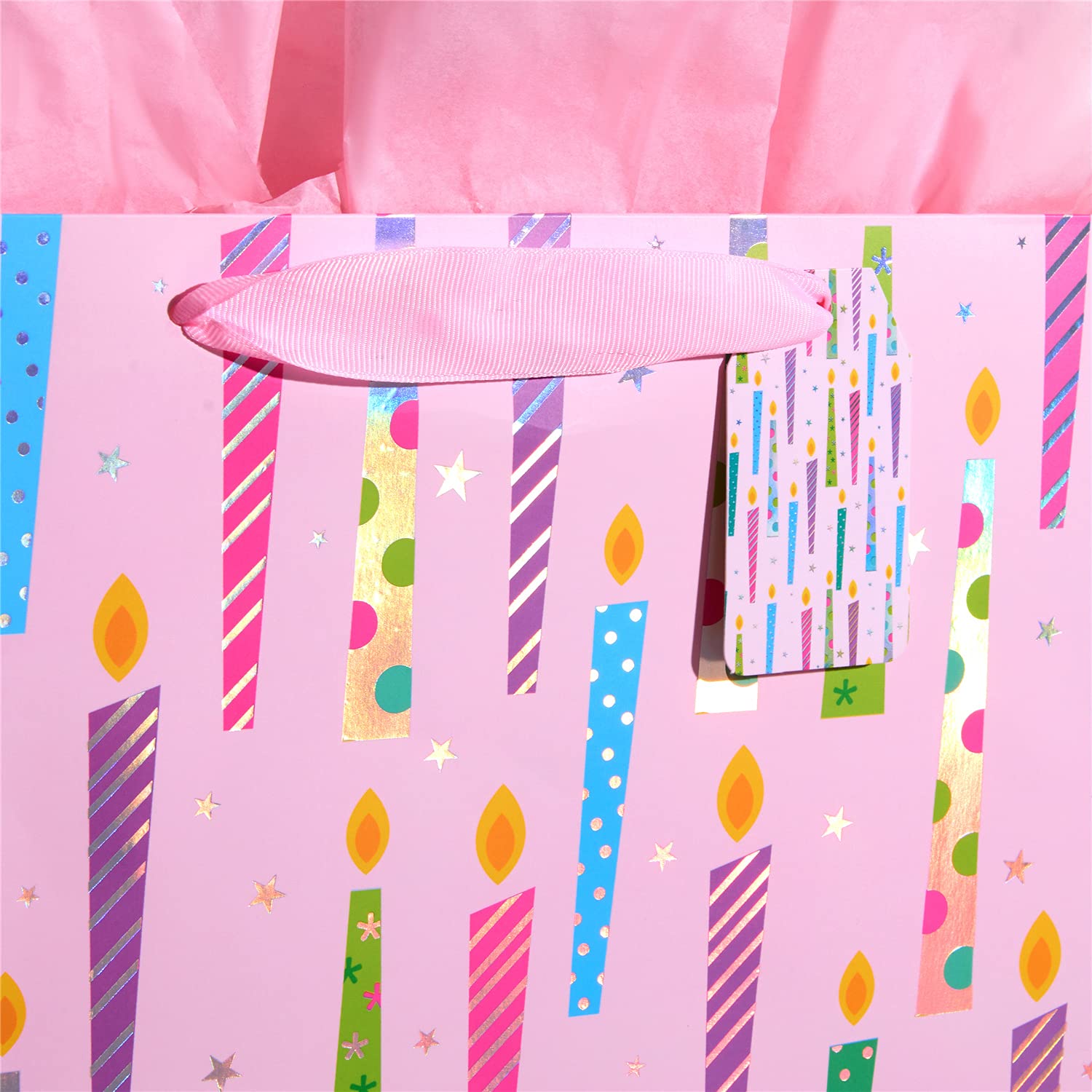 SUNCOLOR 16" Extra Large Gift Bag with Tissue Paper for Girls (Happy Birthday Candles)