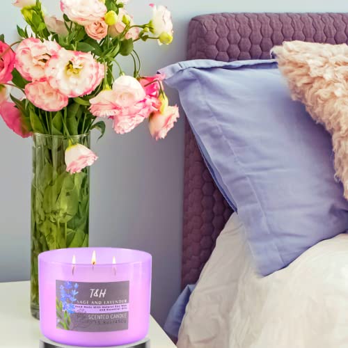 Sage Lavender Scented Candle 3 Wick | Aromatherapy Relaxing & Energy Cleansing Candle with Cedarwood, Clove & Eucalyptus 15.8 oz | Sage Candles for Cleansing House | Large Natural Soy Candles for Home