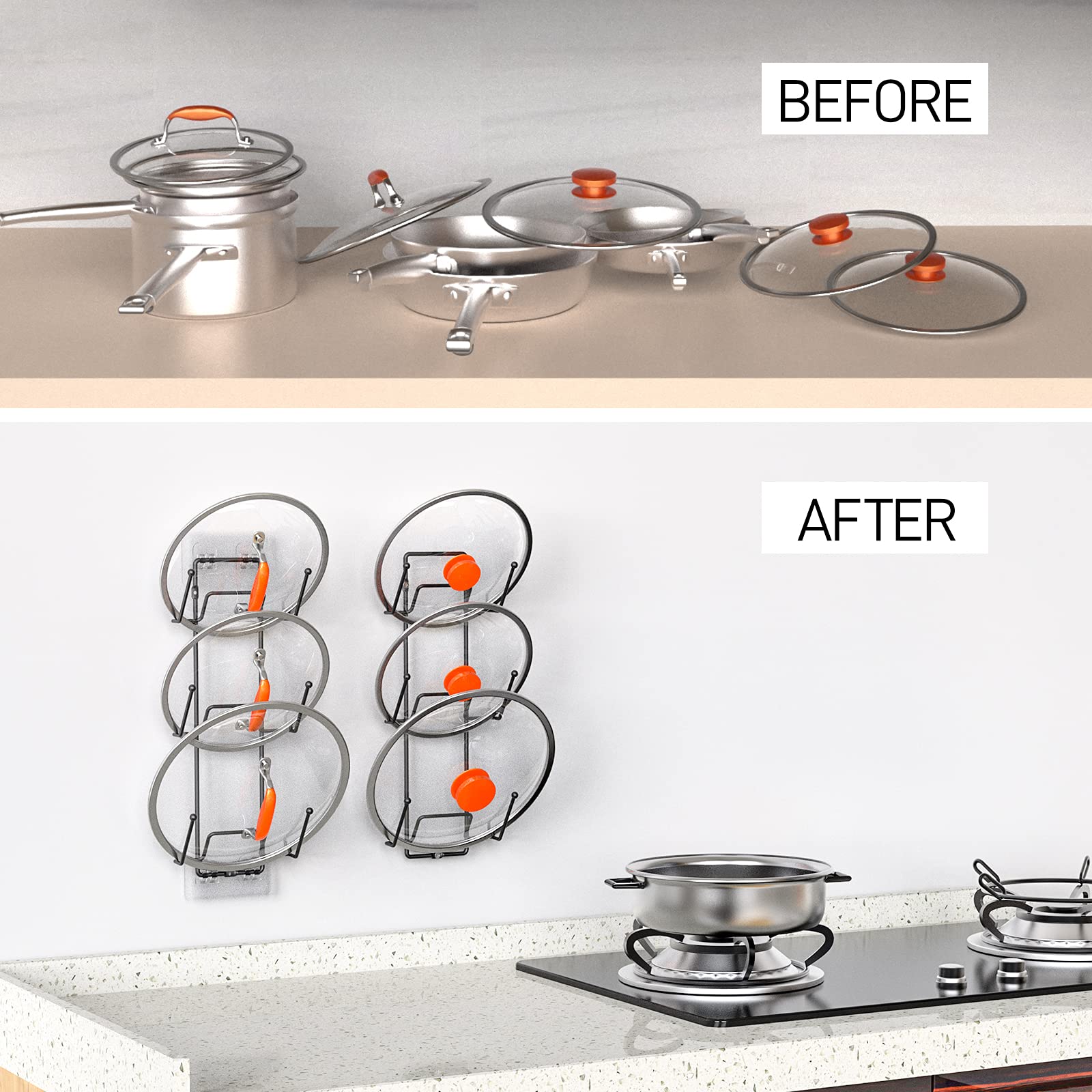 VZINO 2 Pack Pot Lid Organizer Rack for Cabinet Door/Wall, No Drilling Adhesive Wall/Door Mounted Pot and Pan Lid Holder, Metal with Powder Coating, Black