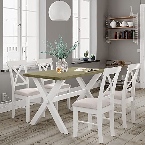 Harper & Bright Designs 5-Piece Wood Dining Table Set, Farmhouse Rustic Kitchen Dining Table with 4 Upholstered X-Back Chairs, White+Beige