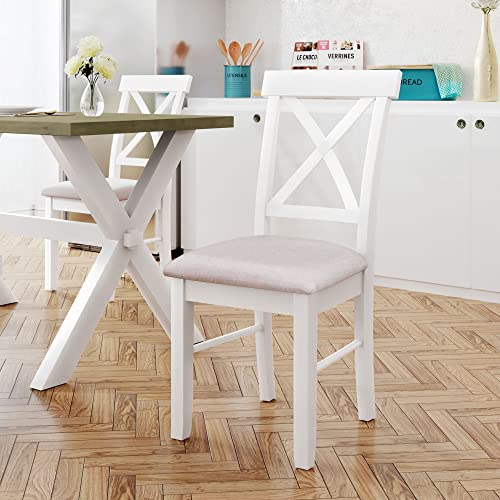 Harper & Bright Designs 5-Piece Wood Dining Table Set, Farmhouse Rustic Kitchen Dining Table with 4 Upholstered X-Back Chairs, White+Beige
