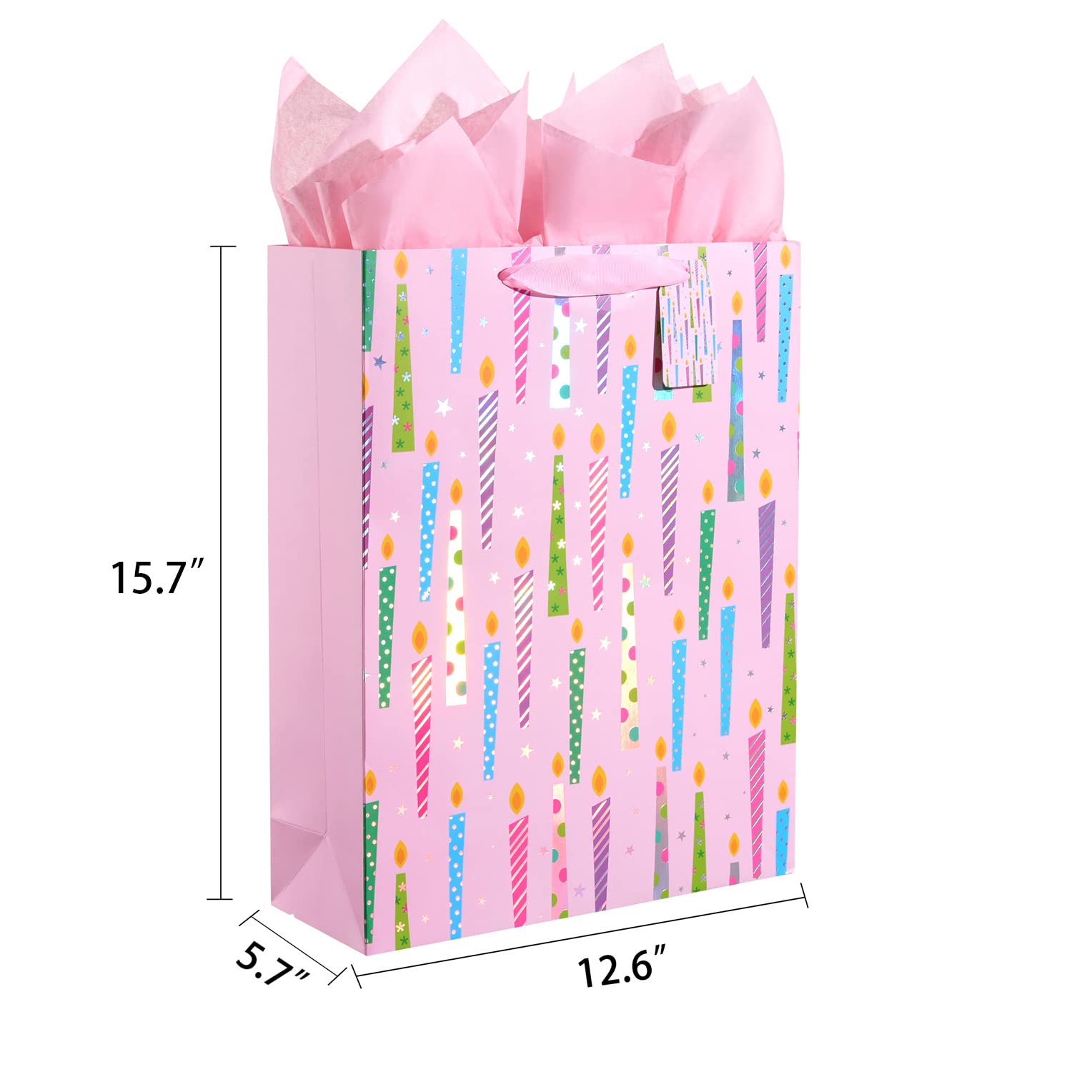 SUNCOLOR 16" Extra Large Gift Bag with Tissue Paper for Girls (Happy Birthday Candles)