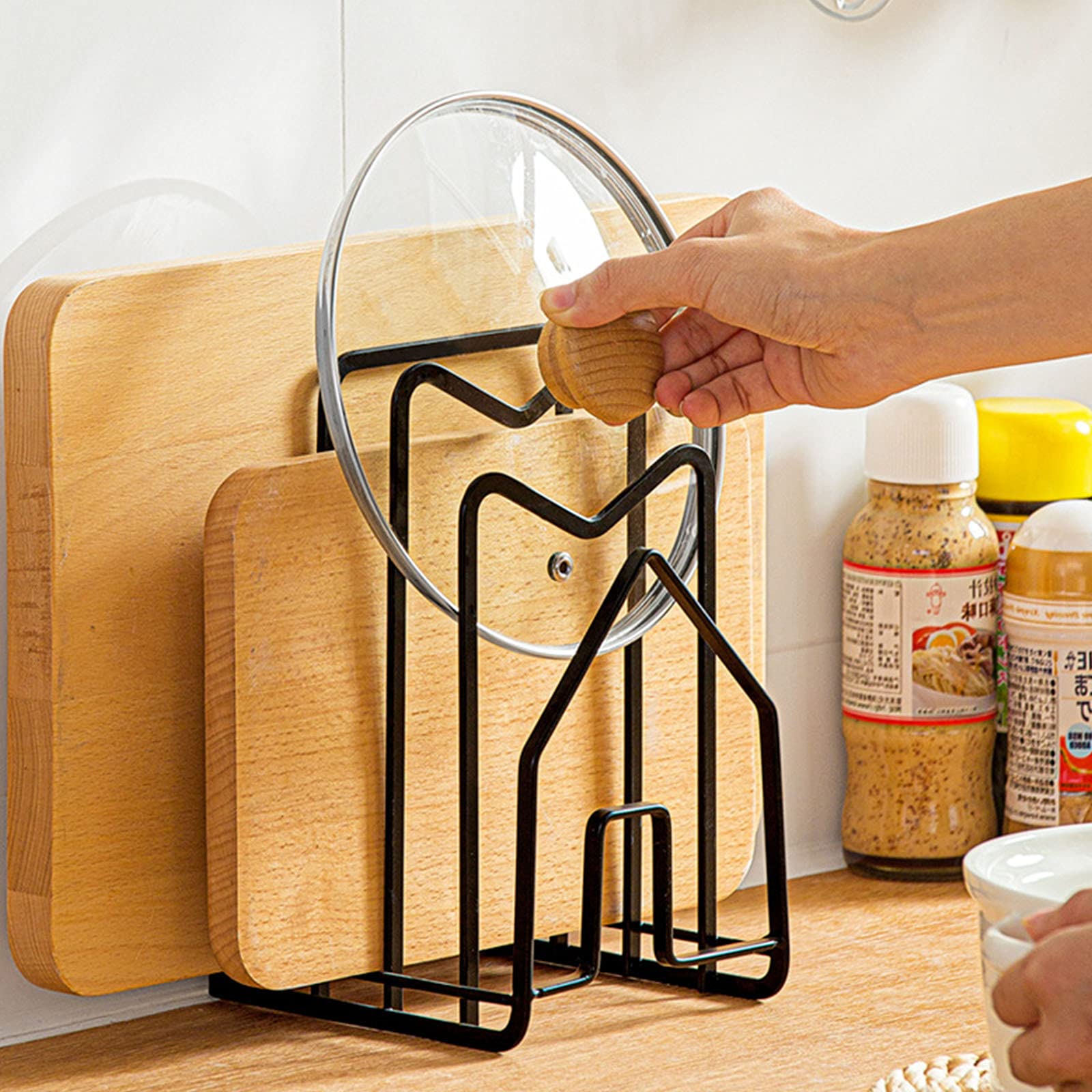 Cutting Board Rack, HLLBRC Chopping Board Organizer Stand Holder Rack, Dishes Plates Pot Pan Lids Rack Organizer for Kitchen Cabinet Countertop (black)