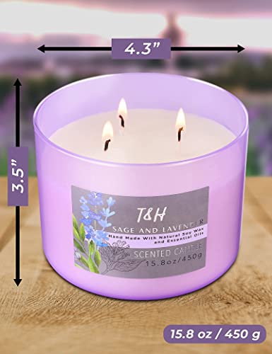 Sage Lavender Scented Candle 3 Wick | Aromatherapy Relaxing & Energy Cleansing Candle with Cedarwood, Clove & Eucalyptus 15.8 oz | Sage Candles for Cleansing House | Large Natural Soy Candles for Home