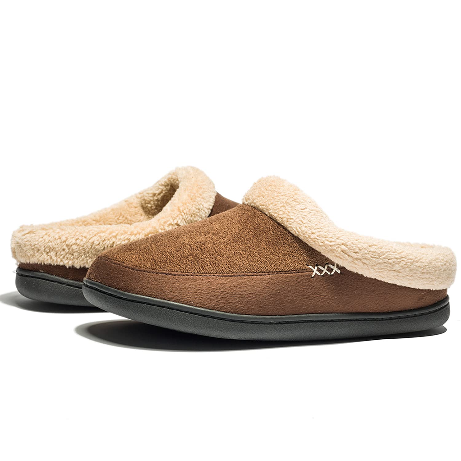 NewDenBer Men's Warm Memory Foam Suede Plush Fleece Lined Slip on Indoor Outdoor Clog House Slippers (11-12 D(M) US, Dark Brown)
