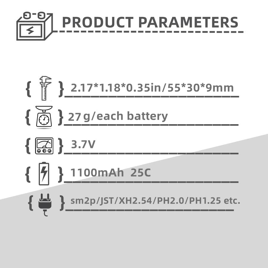 OooSure 5 pcs 3.7V 1100mAh 25C 903048 Rechargeable Lithium Batteries for RC Drone SM2P/JST/XH2.54/PH2.0connector (XH2.54)