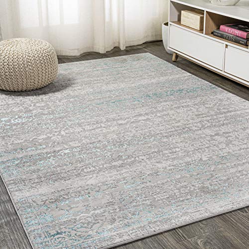 JONATHAN Y SOR202A-3 Tidal Modern Strie' Indoor Area-Rug Contemporary Casual Abstract Vintage Easy-Cleaning Bedroom Kitchen Living Room Non Shedding, 3 ft x 5 ft, Gray/Turquoise