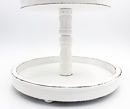 Funly mee Distressed Rustic White Wood Two-Tier Tray with Metal Handle,Decorative Organizer Tray for Kitchen Counter Top or Dining Room Table(White)