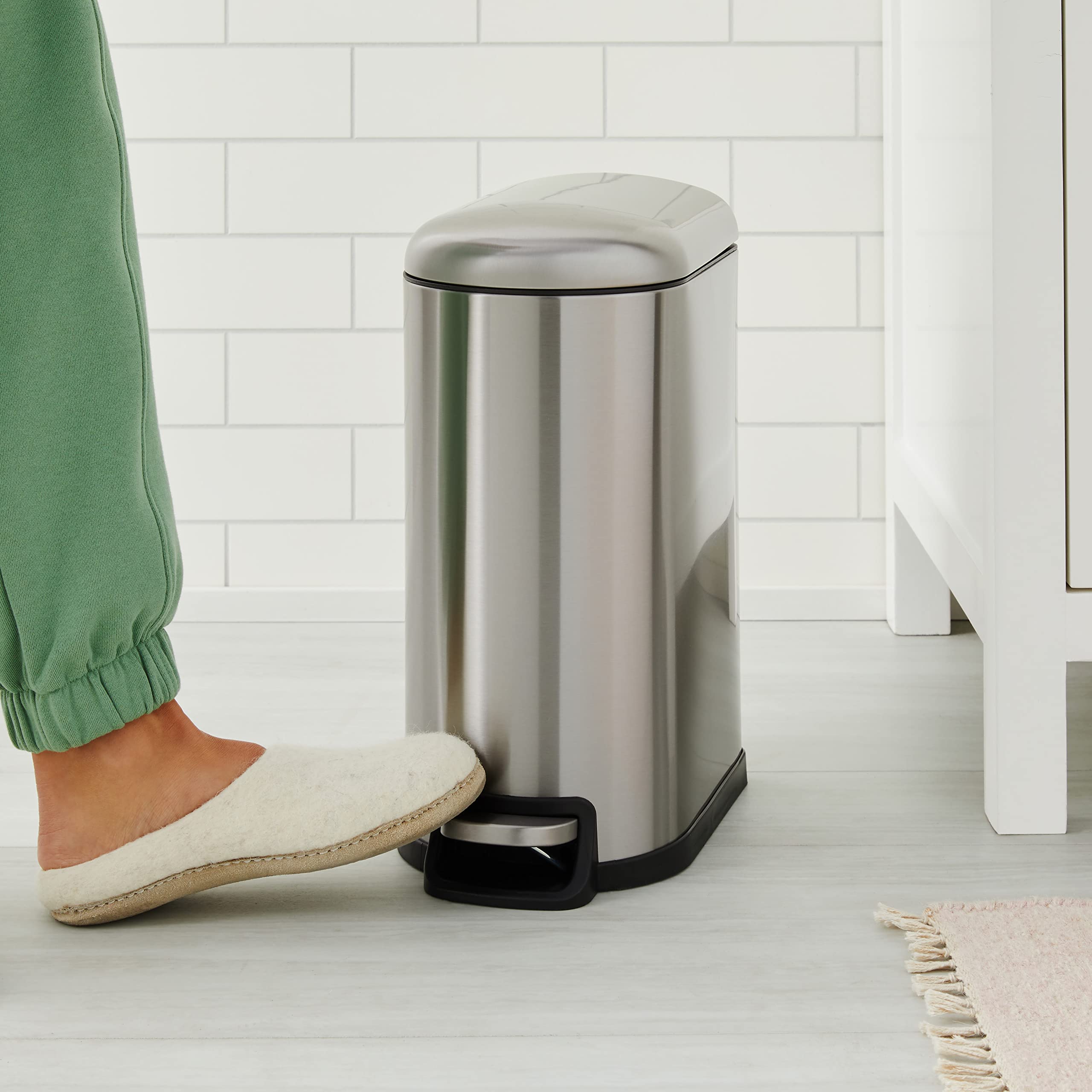 Amazon Basics 10 Liter / 2.6 Gallon Soft-Close, Smudge Resistant Trash Can with Foot Pedal for Narrow Spaces - Brushed Stainless Steel